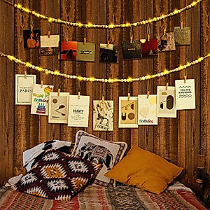 2 Pcs LED Wall Hanging Photo Display with Wooden Beads Boho Garland Decor 4.75 Feet String Lights with 9 DIY Photo Collage Card Holders Clips for Christmas Home Light Decor
