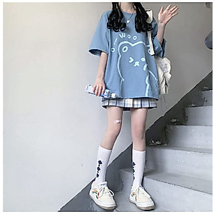 Tyadorw Women's Aesthetic Kawaii Bear Graphic Tee - Japanese Streetwear Harajuku Oversized T-Shirt (Blue, Medium)