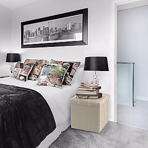 YOUDENOVA 15 inches Storage Ottoman Cube, Foldable Storage Boxes Footrest Step Stool, Padded Seat for Dorm Living Room, Support 300lbs, Line Fabric Beige