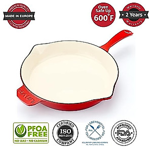 Lava Enameled Cast Iron Ceramic Skillet with Side Drip Spouts - 11 inch Round Frying Pan with White Ceramic Enamel Coated Interior - Edition Series (Red)