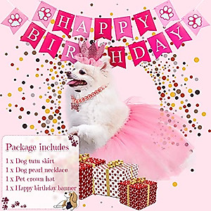 Pinkunn 4 Pieces Cute Dog Birthday Outfit with Pet Tutu Skirt Puppy Pearl Necklace Dog Crown Hat and Banner for Happy Birthday Gift Puppy Dog Pet Cat Birthday Party Supplies (Pink)