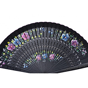 lanermoon Vintage Spanish Folding Fan for Women,Doubled-Side Flower Painting Gypsy Wooden Hand Fan for Dance,Festival Decoration and Gift (Black)