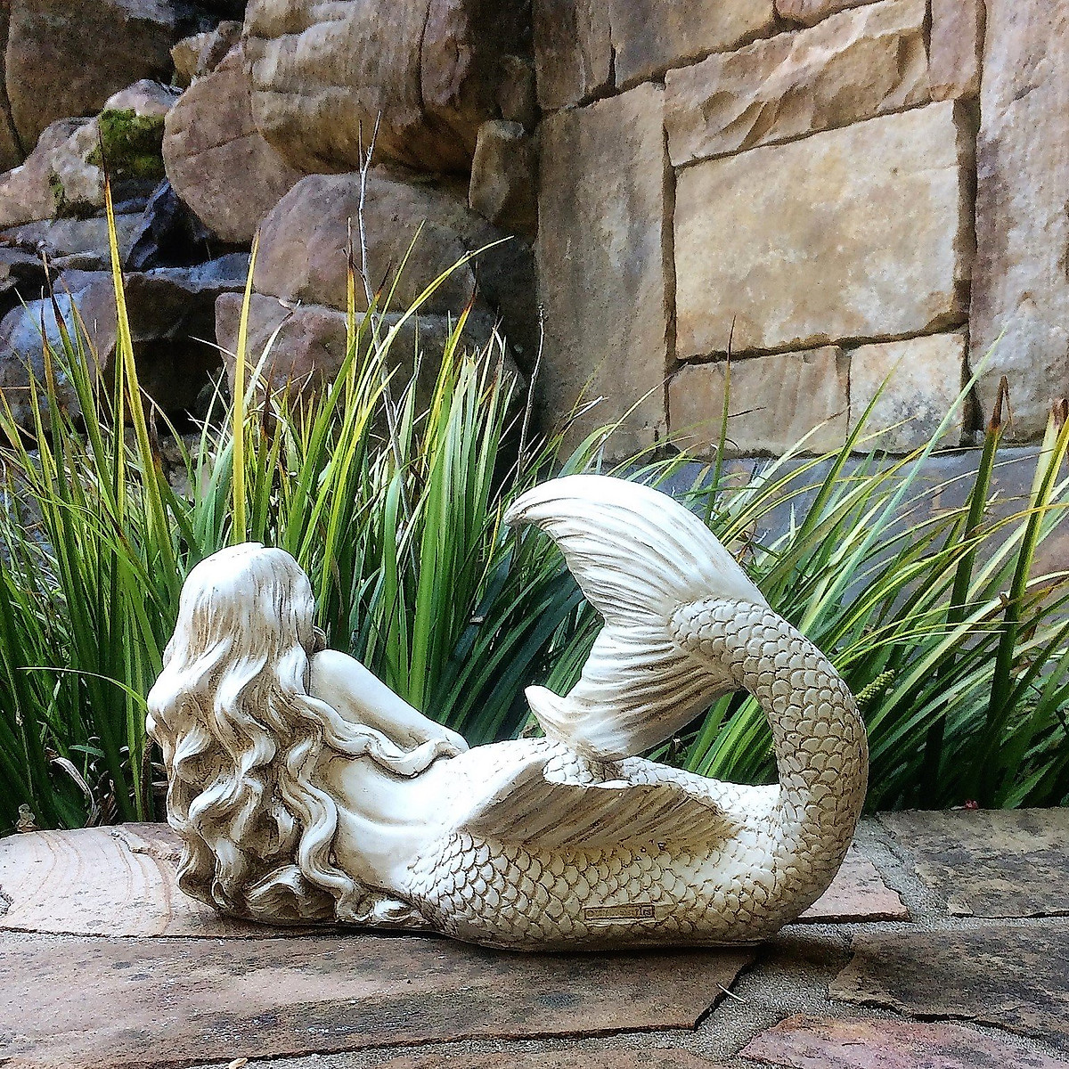 Life's A Beach 97035 Mermaid On Her Side with Table Top Base Antique White Finish Beach and Pool Figurine Statue