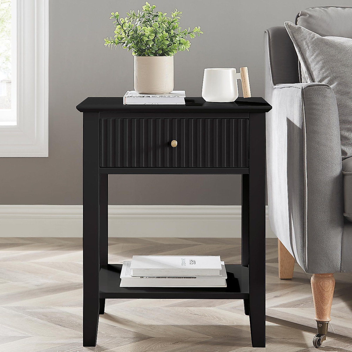 OCANDO Fluted Black Nightstand, 1 Drawer Bedroom 19” Night Stand, Small Bed Side End Table with Storage Shelf for Living Room, Sofa Couch