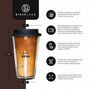 Birchland Double Wall Glass Tumbler, Insulated Glass Coffee Cups, Reusable Coffee Cups with Lids, Travel Coffee Mugs, 12oz. Set of 2