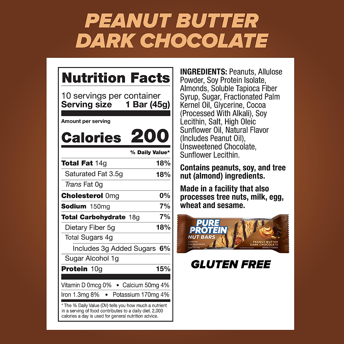Pure Protein Nut Bars, Peanut Butter Dark Chocolate, 10g Protein, Gluten Free, Low Sugar, 1.65 oz, 10 Pack (Packaging may vary)