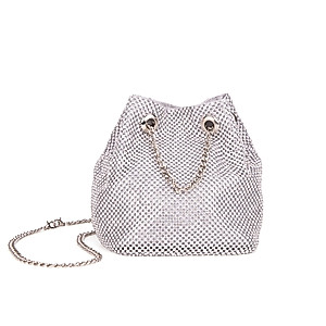 Olivia Miller Women's Fashion Round Pouch Evening Bag Silver Elegant Formal Crossbody Handbag Wedding Prom Party Purse w Mesh Dazzling Rhinestone
