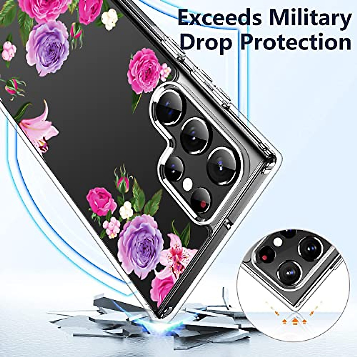 KISPURE for Samsung Galaxy S23 Ultra Case,Clear Rose Flower Garden Floral Women Phone Case Shockproof Protective Design,Thin Soft Silicone TPU Bumper Case for Galaxy S23 Ultra(2023)with kickstand,Pink