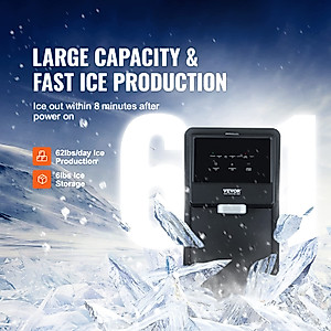 VEVOR Nugget Ice Maker, 62lbs in 24 Hours, Auto Dispense Self Cleaning Countertop Nugget Ice Dispenser for Home Kitchen Office Party, 6lbs Storage Capacity, 2 Ice Making Modes