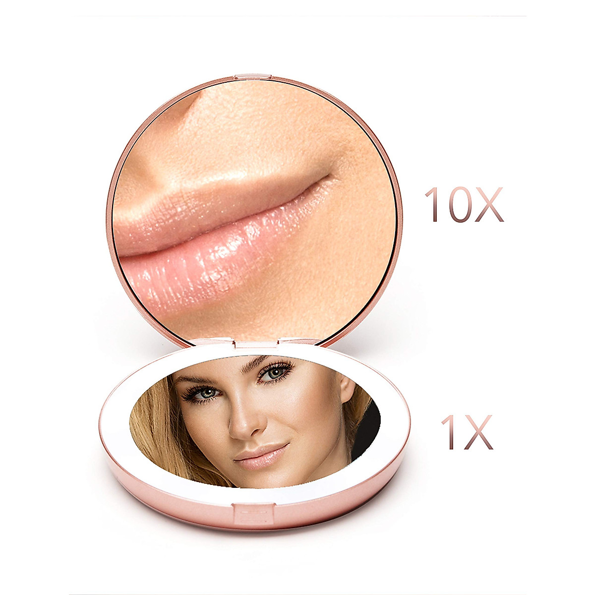 Fancii LED Lighted Travel Makeup Mirror, 1x/10x Magnification - Daylight LED, Compact, Portable, Large 5" Wide Illuminated Folding Mirror (Lumi) Rose Gold