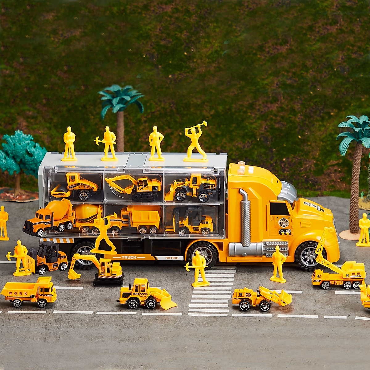 JOYIN 25 in 1 Construction Truck Vehicle Toy Set, Play Vehicles Set with Sounds and Lights in Carrier Truck, Push and Go Vehicle Car Toy, Kids Birthday Gifts for Over 3 Years Old Boys