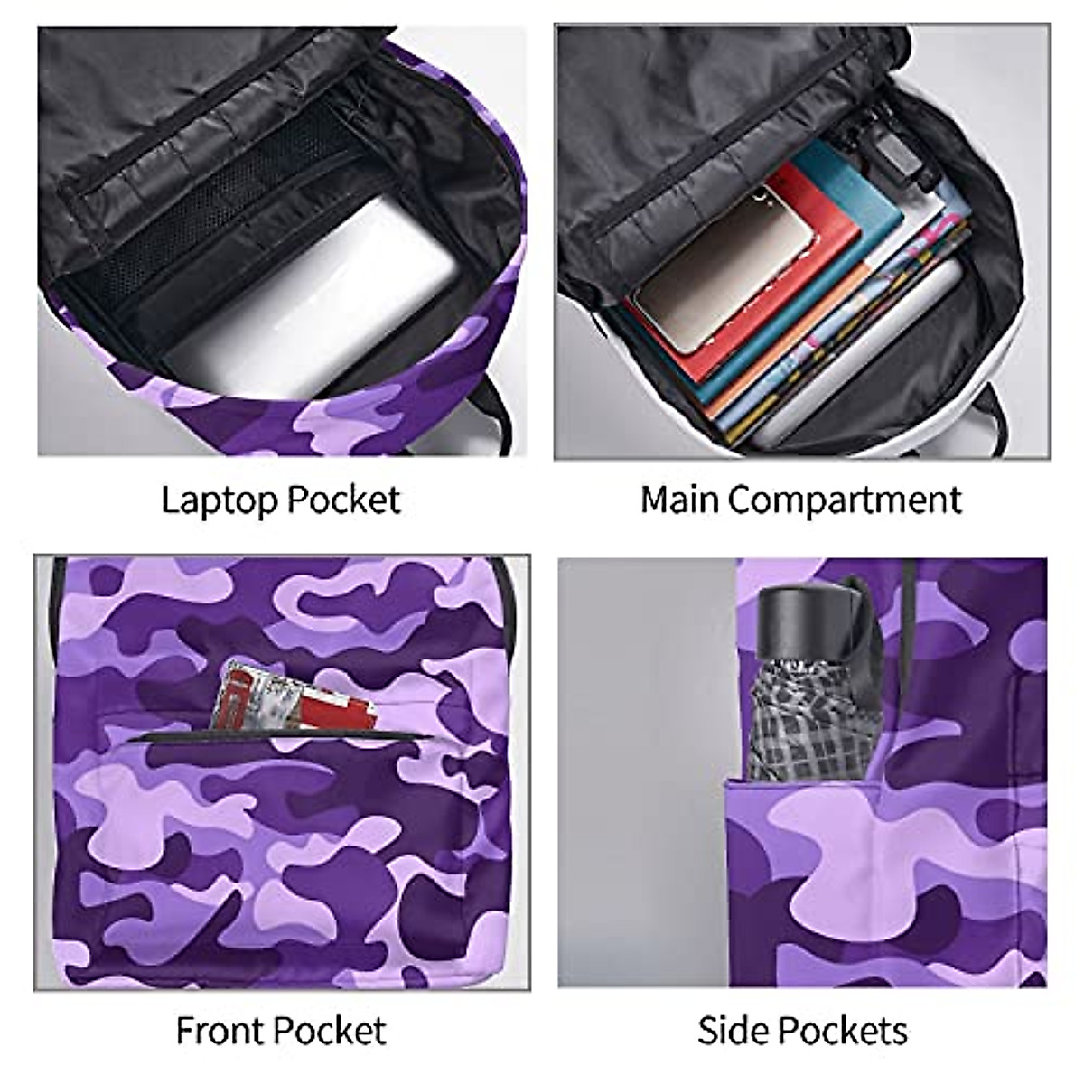 Famame 16 Inch Backpack Military Camouflage Purple Camo Print Laptop Backpack Shoulder Bag College School Bookbag Large Casual Daypack