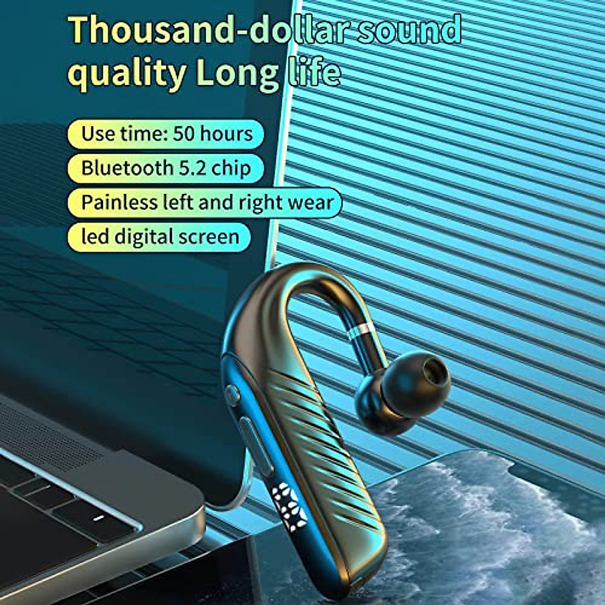 Bluetooth Headset Wireless Bluetooth 5.2 Business Ear Hanging Headphone with Mic, 250mAh LED Digital Display Screen Noise Reduction Sweatproof Earphones for Cell Phone, Car, Office, Sports