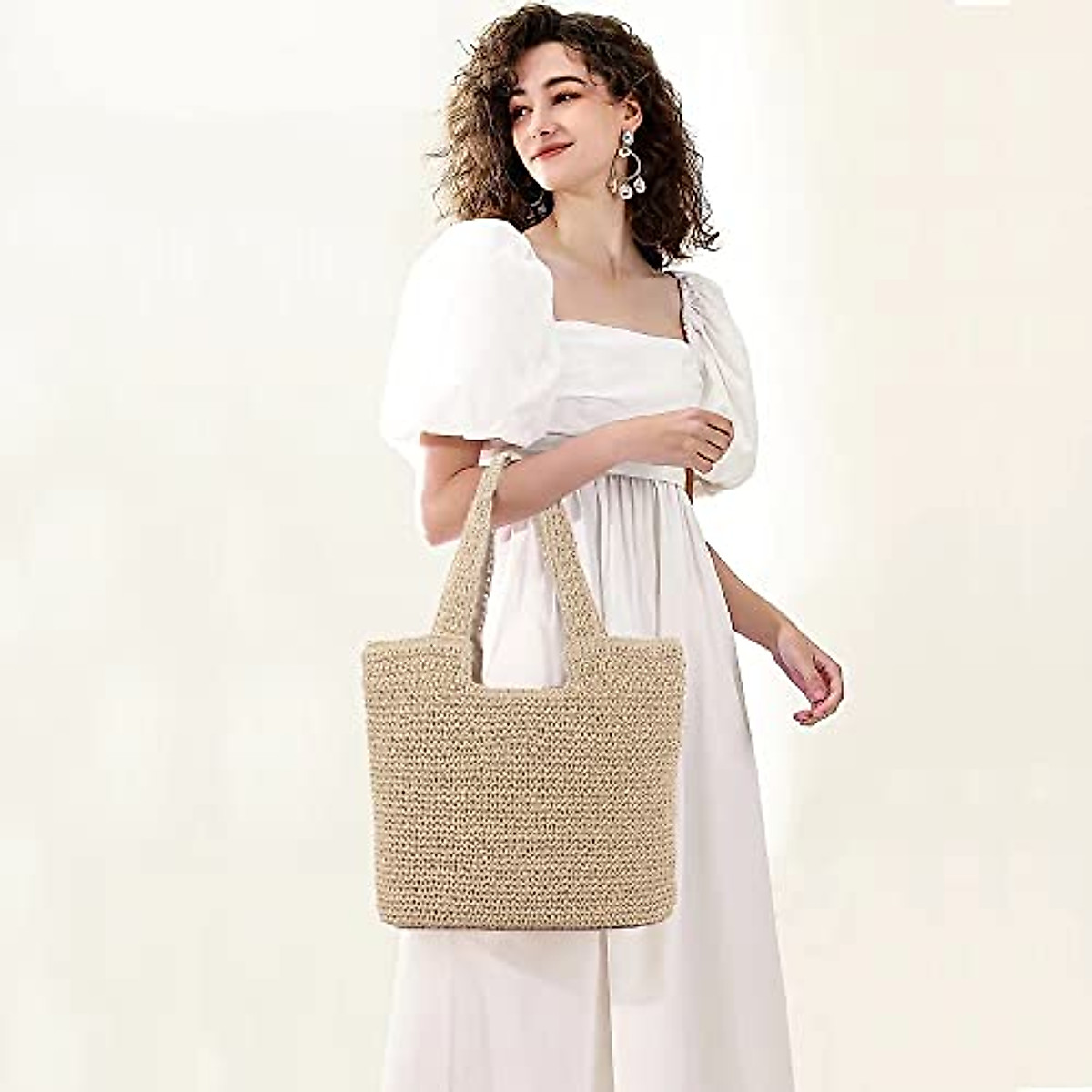 Almury Straw Beach Hand-woven Soft Large Woven Shoulder Bag Boho Straw Handle Tote Retro Summer Bags Rattan Handbag for Women (Beige)