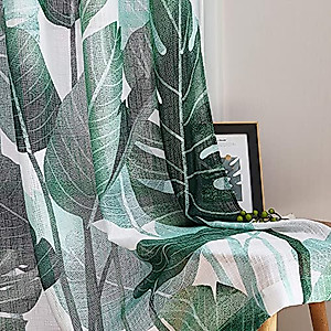 KGORGE Crossweave Sheer Curtains - Tropical Leaves Window Curtains for Bedroom Natural Pattern on White Sheer Backdrops for Dining Room Bathroom Sliding Door, W 50 x L 95 inch, 2 Pcs