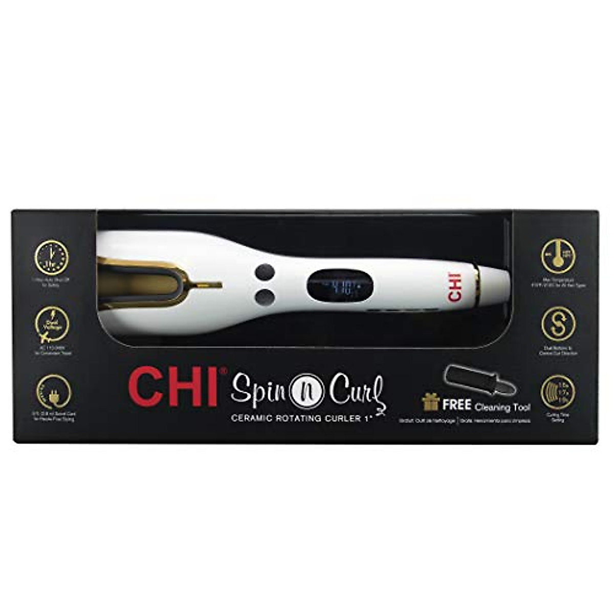 CHI Spin N Curl 1" Ceramic Rotating Curler In White, 1 Pound. Ideal for Shoulder-Length Hair between 6-16” inches.