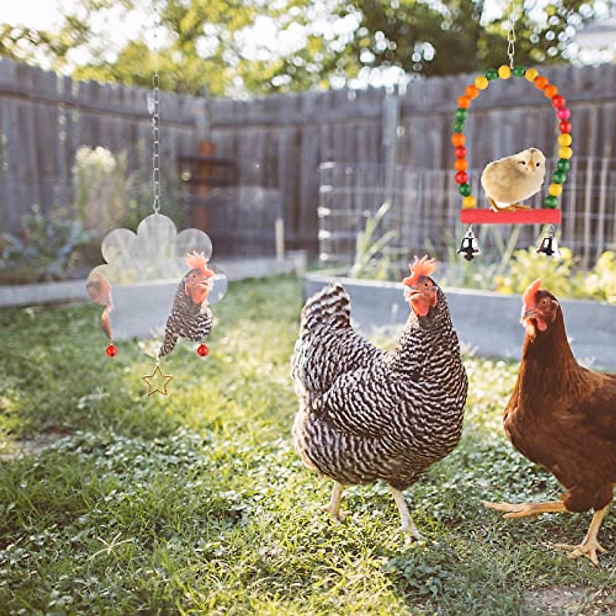 12 PCS Chicken Toys for Chicks Coop Accessories, Chicken Swing Ladder Perch Roosts, Xylophone Toy, Mirror Toy, Chicken Vegetable Fruits String Bag, Pecking Toys and Hanging Feeders for Hens in Coop