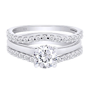 AFFY Round White Cubic Zirconia Enhancer Guard Ring In 14K White Gold Over Sterling Silver Jewelry For Women (1.00 Cttw) Ring Size-9.5