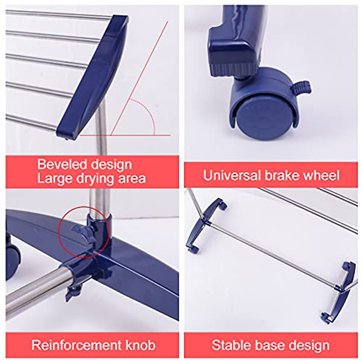 BAOYOUNI Clothes Towels Rolling Drying Rack Laundry Outdoor Indoor Airer on Wheels, 5 Stainless Steel Hanging Rods 32.6'' x 12.4'' x 35'' (Navy Blue)