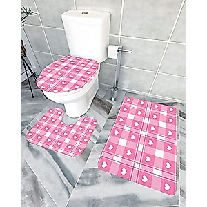 Valentines Day Bathroom Rugs Sets Love Heart Bath Mats Set with Toilet Lid Cover Non Slip Bathroom Mat, U-Shaped Contour Toilet Mat, Pink Buffalo Plaid Check 3 Piece Bathroom Rugs