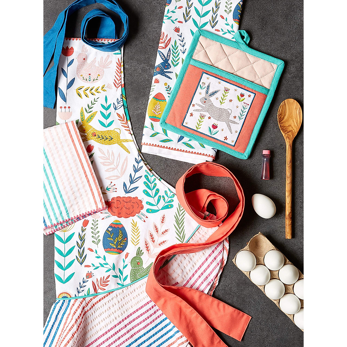 DII Spring Kitchen Collection Adjustable Woman's Apron with Pockets & Extra Long Ties, One Size, Easter Folk