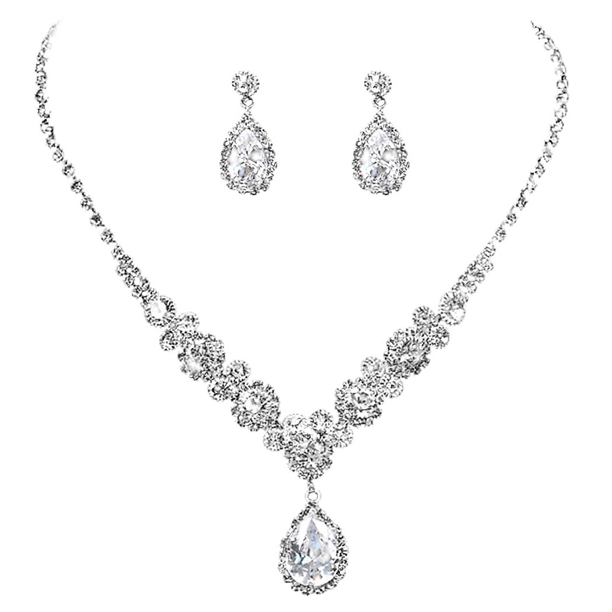 COCIDE Bride Jewelry Set Silver Crystal Wedding Necklace Earrings Bridal Rhinestone Teardrop Pendant Accessories for Women and Bridesmaids (3 piece set - 2 earrings and 1 necklace)