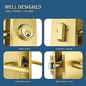 SNBTLA Satin-Brass Front Door Handle - Modern Entry Door Lock Set with Deadbolt,Exterior Door Lever 3 Keys for Left & Right Hand Door (Satin Brass)