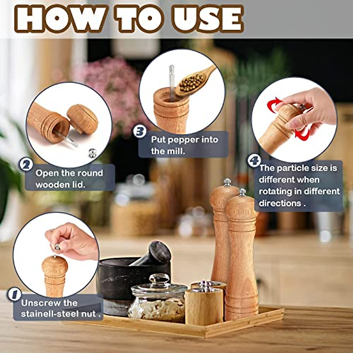 Refillable 8In Pepper Mills, HaSteeL Wooden Salt and Pepper Grinder Set with Adjustable Ceramic Rotor, Manual Spicy Shaker Grinding for Kitchen Restaurant Barbecue, 2 Grinders & Brush