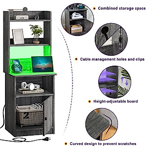 Clikuutory 47" Tall Nightstand with Charging Station & LED Lights, Large Nightstand with Adjustable Bookshelf, Modern Bedside Table with Storage Cabinet for Bedroom, Home Office, Grey
