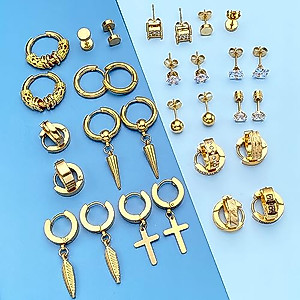 LASPERG Gold Earrings for Men, 18 Pairs Gold Hoop Earrings Men, Stainless Steel Stud Cross Dangle Hoop Earrings Set Fashion Piercing Jewelry