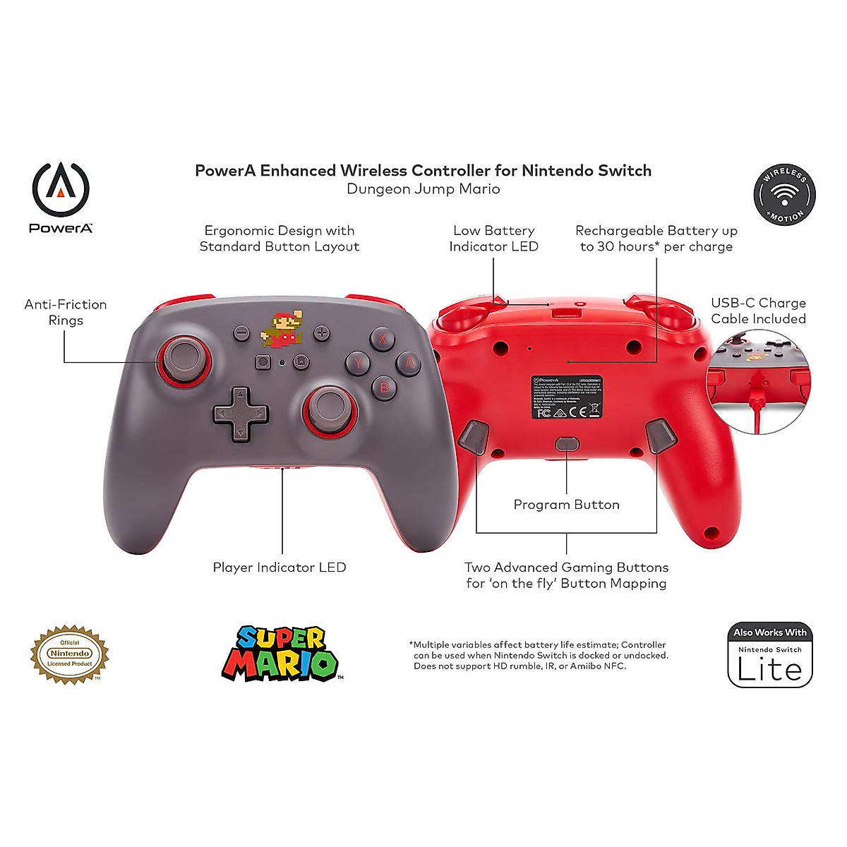 PowerA Wireless Controller for Nintendo Switch - Dungeon Jump Mario, Rechargeable, Bluetooth 5.0, 30 Hours Battery Life