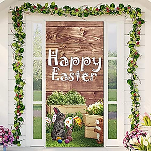 ZDX Happy Easter Door Banner Rustic Wooden Floor Banner Spring Bunny Egg Flower Rustic Farmhouse Easter Party Backdrops Door Banner