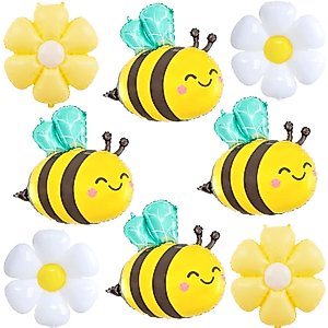 Jiahaoppx Bee Balloon Yellow and Black Bee Foil Mylar Balloons and Daisy Flower Balloons for Baby Shower Bee Themed Party Birthday Decoration Supplies 8 Pcs