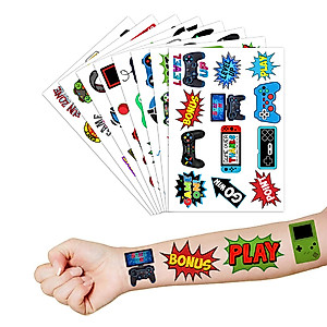 Gamer Temporary Tattoos Themed Birthday Party Decorations Supplies Favors Decor Cute Tattoo Stickers 8 Sheets 96 PCS Gifts for Kids Boys Girls Games Classroom Rewards Prizes Carnival Christmas
