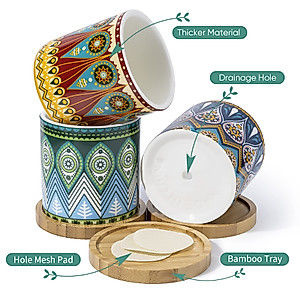 Greenaholics Succulent Planter Pots-3 Inch Small Ceramic Planters Plants Pots Mini Succulent pots with Bamboo Tray and Drainage Hole for Indoor Plants, Colorful Mandala Patterns, Set of 3