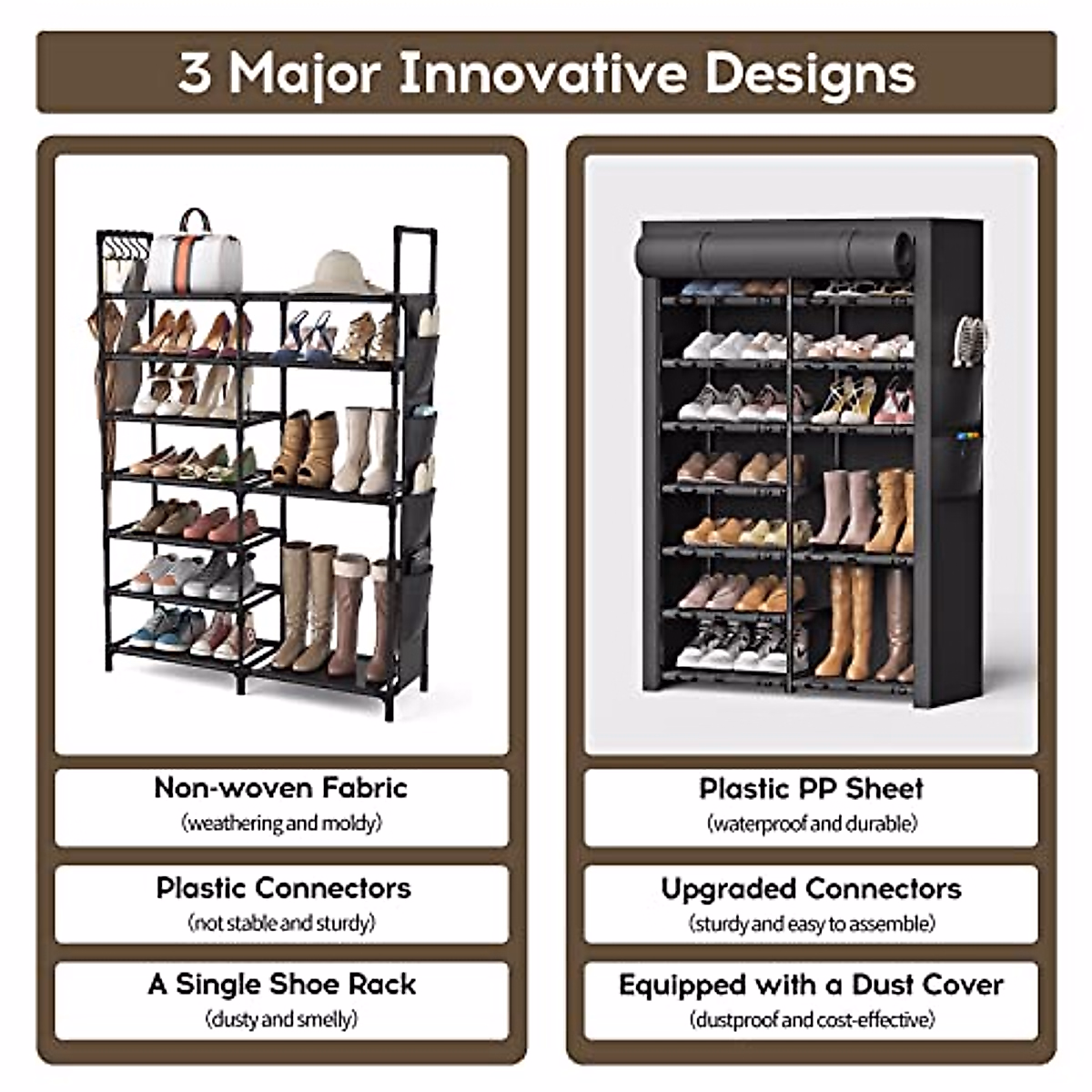 VTRIN Shoe Rack with Covers Shoe and Boot Storage Cabinet 8 Tier 28-35 Pairs Shoe Rack Organizer for Entryway Closet Garage Heavy Duty Free Standing Black Metal Shoe Shelf
