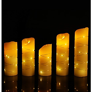 DANIP flameless Candle, with Embedded String Lights, 5-Piece LED Candles, with 10-Key Remote Control, 24-Hour Timer Function, Dancing Flame, Real Wax, Battery-Powered. (Ivory White)