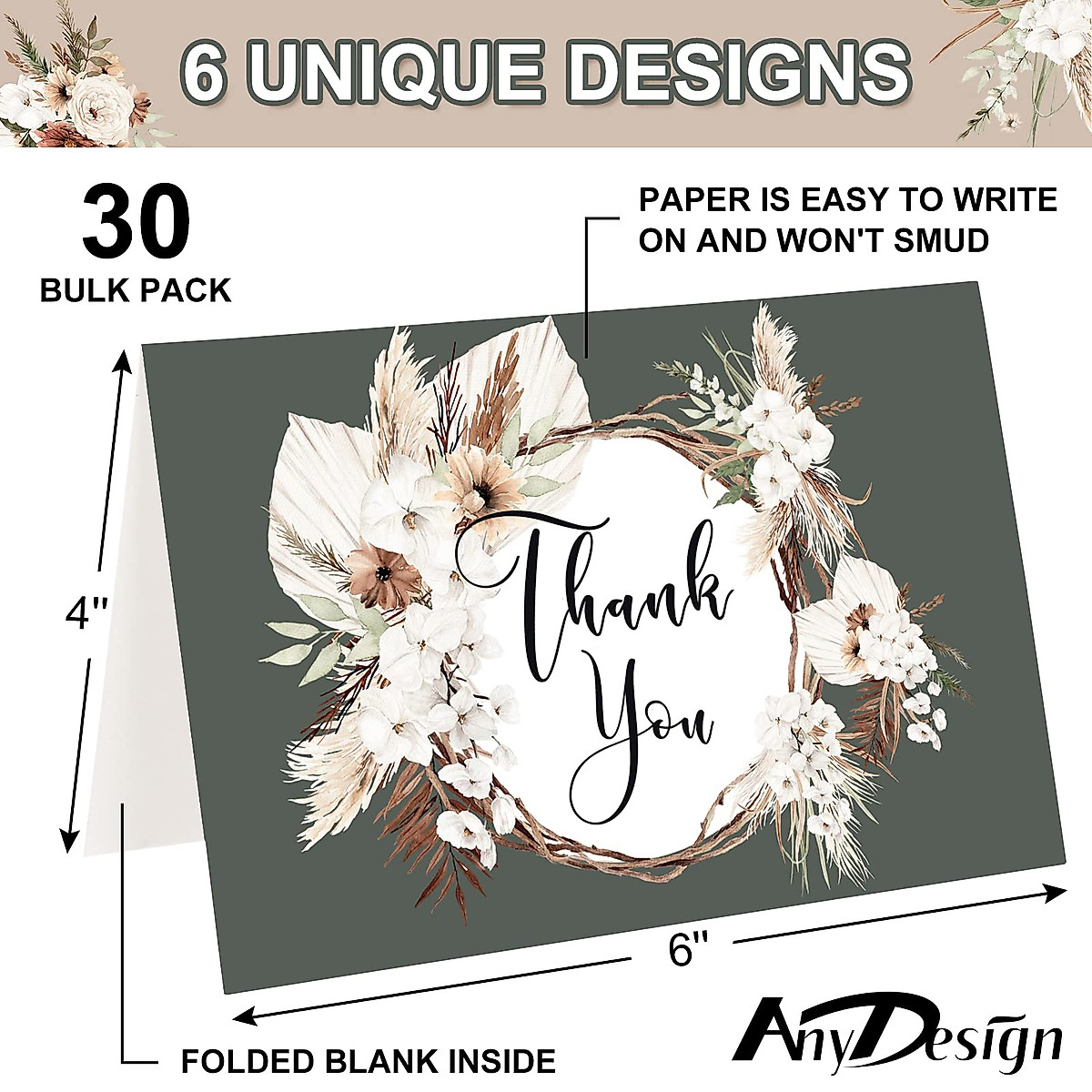 AnyDesign Boho Floral Thank You Cards Bulk 30 Pack Fall Rustic Greeting Cards with Stickers Envelopes Watercolor Flower Blank Appreciation Note Cards for Birthday Wedding Thanksgiving Baby Shower