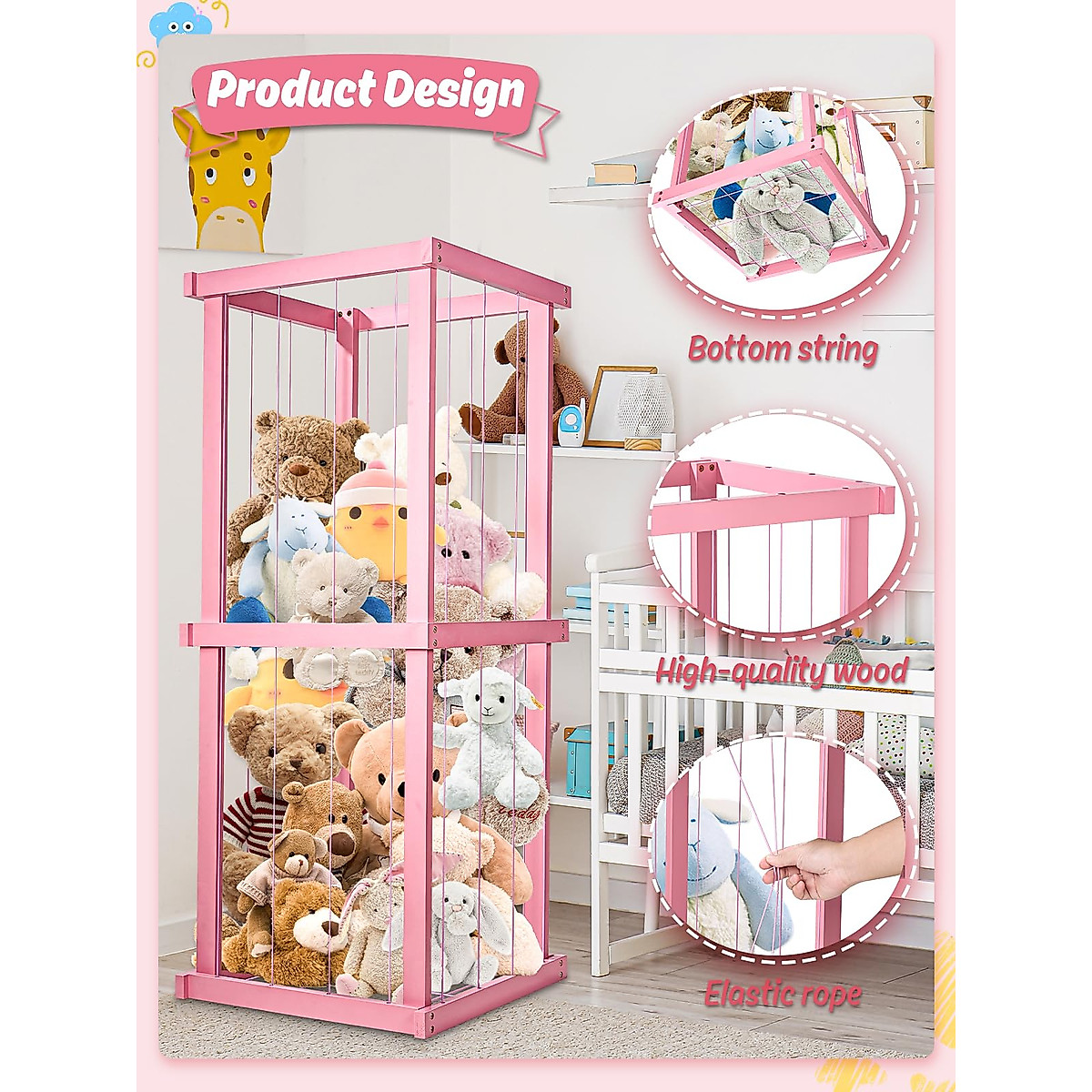 Feidyns Zoo Stuffed Animal Storage Wood, Extra Large Stuffed Animal Toy Zoo Storage Stuffed Animal Zoo Storage Holder Standing with Nets for Nursery Play Room Bedroom, Pink