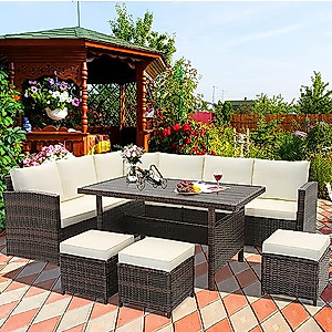 Tangkula 7 Pieces Wicker Patio Furniture Set, Rattan Sofa with Coffee Table, Ottomans & White Cushions, Sectional Conversation Sofa Set for Porch, Poolside, Balcony Yard Garden (White)