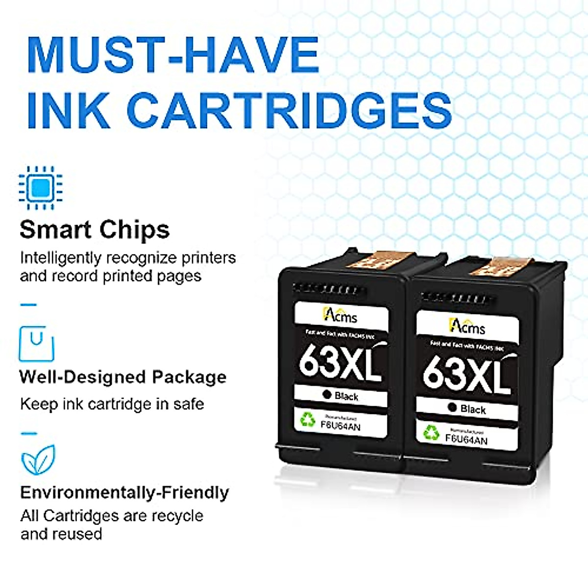 FAcms Remanufactured 63xl Black Ink Cartridge Replacement for HP 63 63XL for HP OfficeJet 3830 5255 5258 Envy 4520 4512 4513 4516 DeskJet 1112 1110 3630 3632 3634 2130 2132 Printer (2 Black)