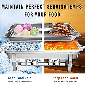 JSTUOKE Chafing Dish Buffet Set 1 Pack, 8QT Stainless Steel Chafer, Rectangle Catering Warmer Server w/Lid Water Pan Folding Stand Fuel Tray Holder Spoon Clip