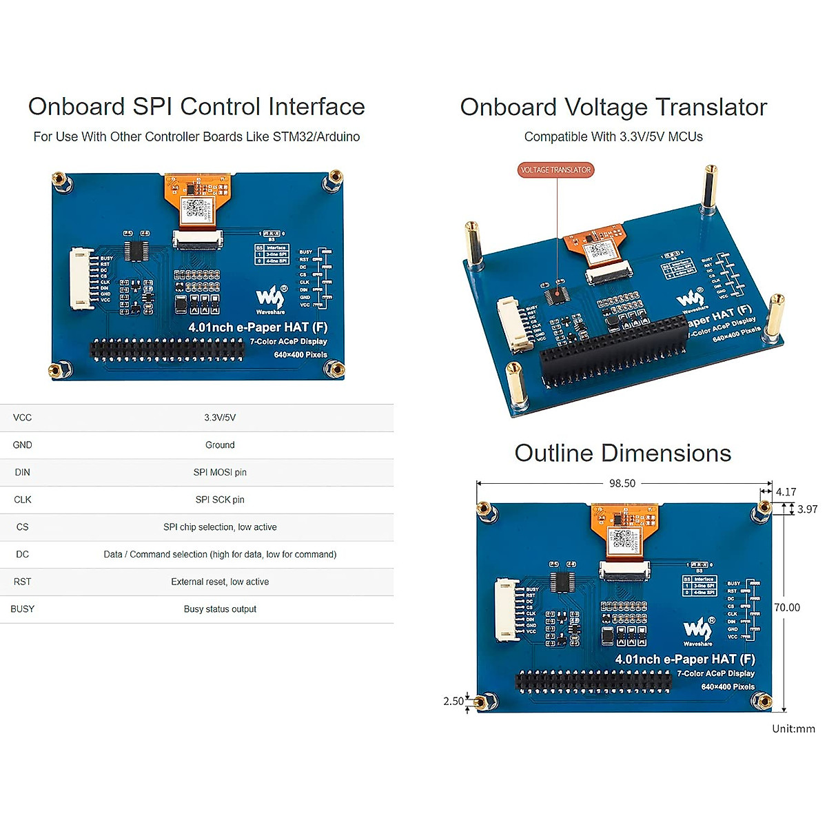 Bicool, 4.01inch ACeP 7Color EPaper Display HAT for Raspberry Pi and Jetson Nano, 640×400 Pixels EInk, SPI Interface,Low Power Consumption, Wide Viewing Angle