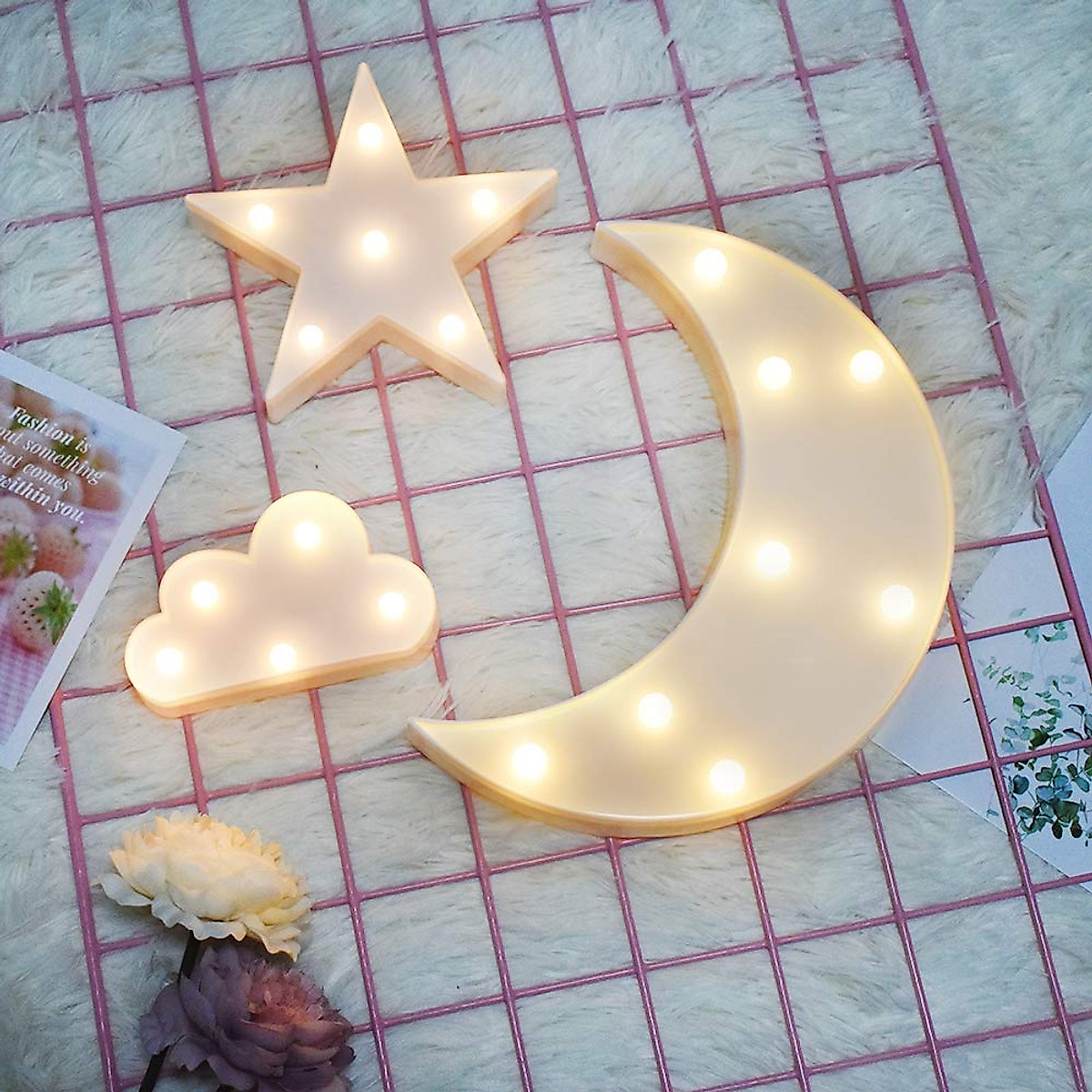 GUOCHENG Lovely White Moon Star Cloud Light Set Battery Operated LED Marquee Light Sign Warm White Bedside Lamps for Kids Children Bedroom Nursery, Baby Standing Night Light