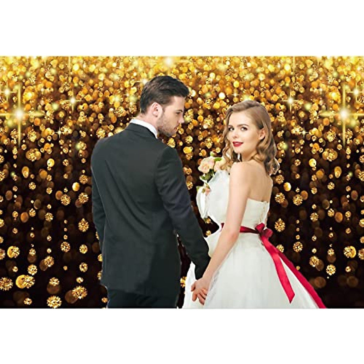 CHAIYA 7x5ft Gold Glitter Backdrop Curtain Black Gold Bokeh Photo Booth Background for Prom Graduation, Wedding, Bridal Shower, New Years Eve, Bachelorette Party Decorations 100