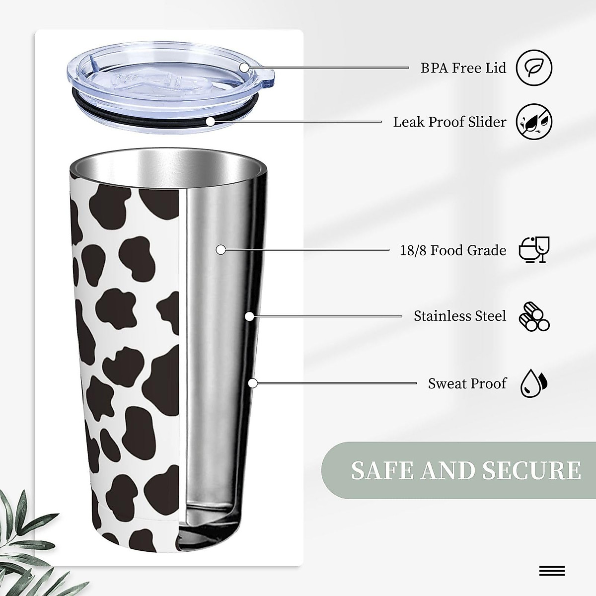 CHASOEA Cow Print Tumbler 20oz Black and White Stainless Steel Insulated Tumblers with Lid and Straw Cowhide Print Travel Coffee Mug Tea Wine Cups Water Bottle Cow Gifts for Women