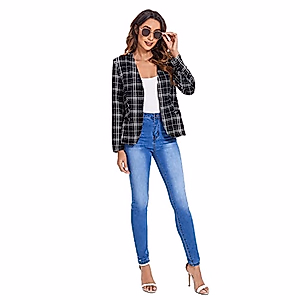 Milumia Women Elegant Open Front Plaid Blazer Work Office Jacket Outwear Z Black and White Medium