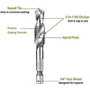 Combination Tap Drill Bit Set 1/4-Inch Hex Shank HSS Deburr Countersink Bits Kit (M3 M4 M5 M6 M8 M10)