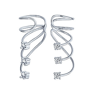 Triple Spiral CZ Curved Crawlers Wire Cubic Zirconia Cartilage Ear Cuff Pin Earring For Women Teen .925 Sterling Silver