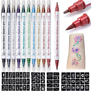 Erinde Temporary Tattoo Markers for Skin, 10 Colors Body Marker Pen + 67 Large Tattoo Stencils for Kids and Adults, Skin-Safe Dual-End Tattoo Pens Make Bold and Fine Lines for Body & Face Paint